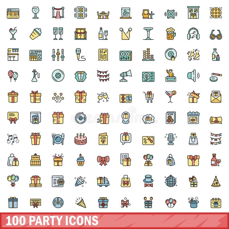 100 Party Icons Set, Color Line Style Stock Vector - Illustration of ...