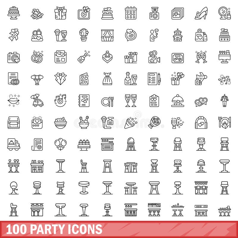 100 Party Icons Set, Outline Style Stock Vector - Illustration of gala ...