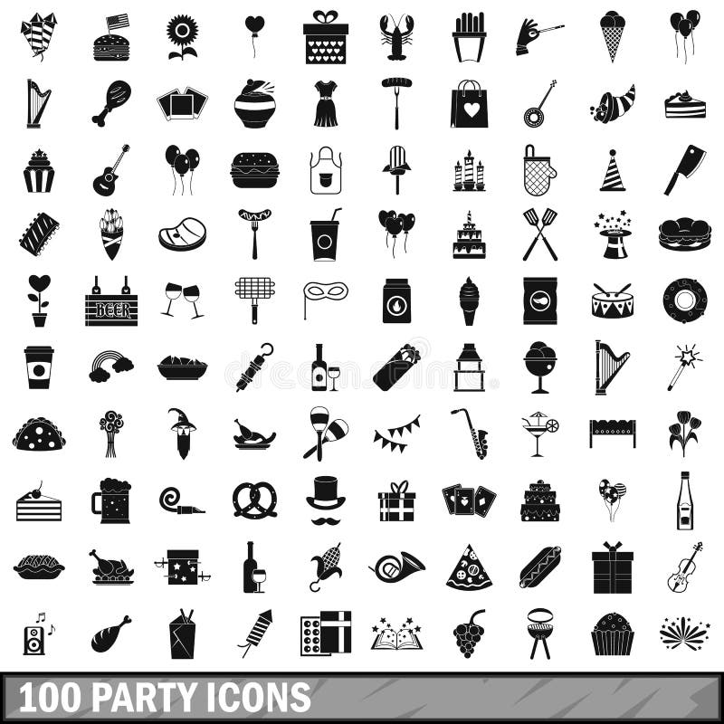 100 Party Icons Set, Simple Style Stock Vector - Illustration of fries ...