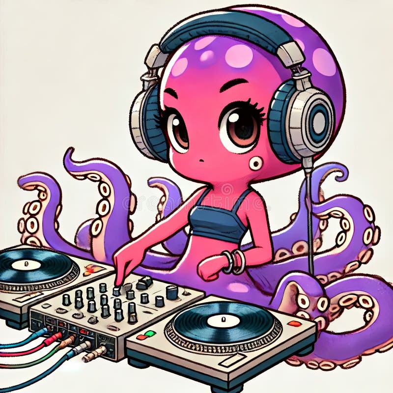 Party Octopus Mixing Vinyl Records Stock Illustration - Illustration of ...
