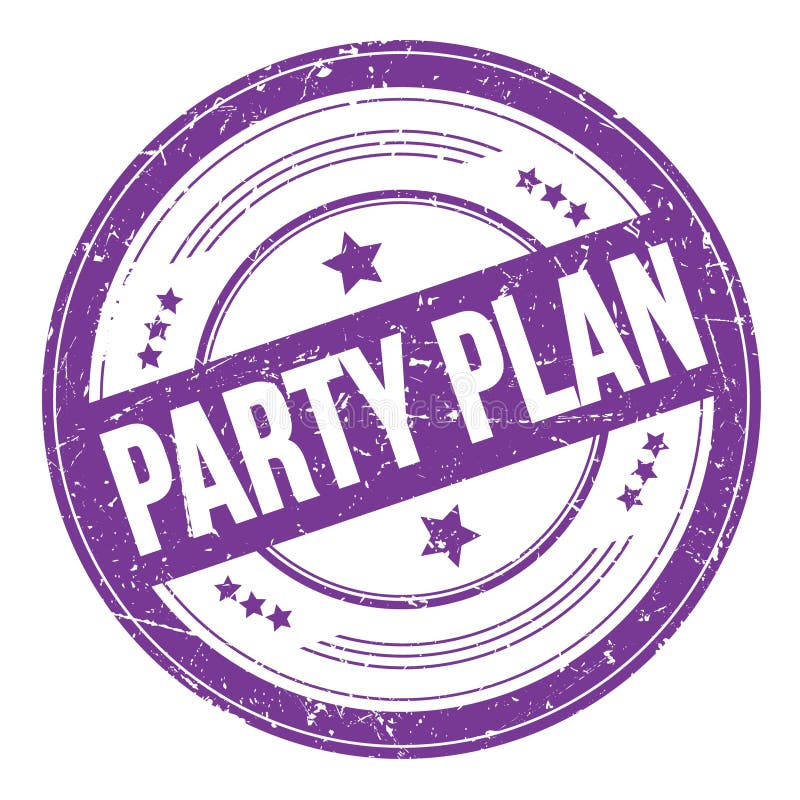 PARTY PLAN Text on Violet Indigo Round Grungy Stamp Stock Illustration ...