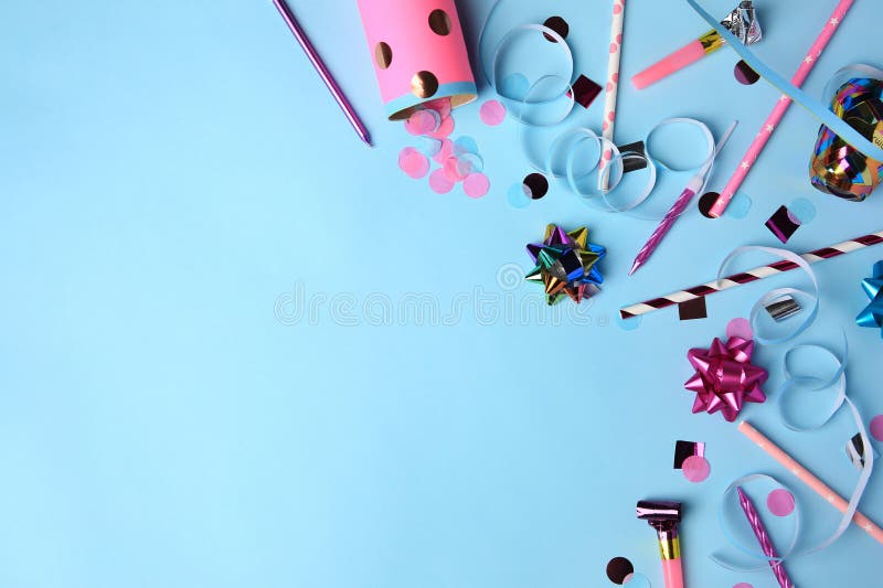 Party Popper with Confetti, Blower and Festive Decor on Light Blue ...