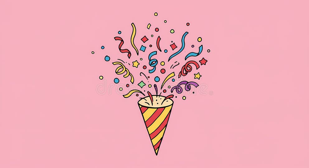 Party Popper Exploding with Colorful Confetti on Pink Background Stock ...