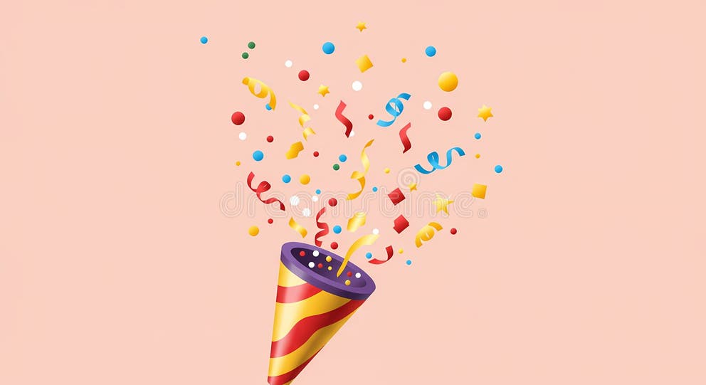 Party Popper Exploding with Colorful Confetti on Pink Background Stock ...