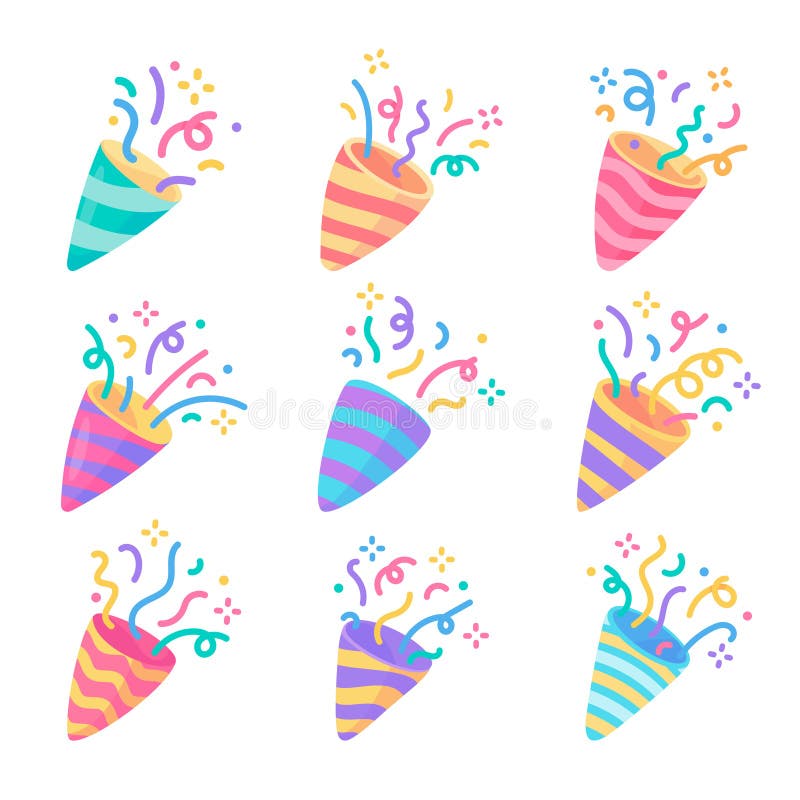 Party Poppers Explode Confetti at Birthday Party Events Stock Vector ...
