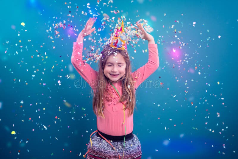 Party portrait of girl stock image. Image of child, confetti - 73747169