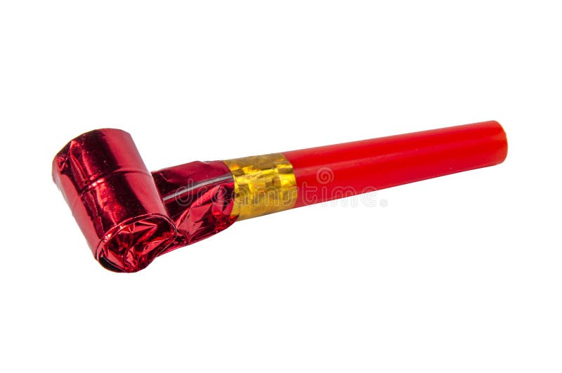 Party Red Foil Whistle or Noise Maker Horn Rolled Isolated on the White ...