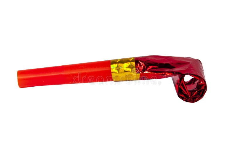 Party Red Foil Whistle or Noise Maker Horn Rolled Isolated on the White ...