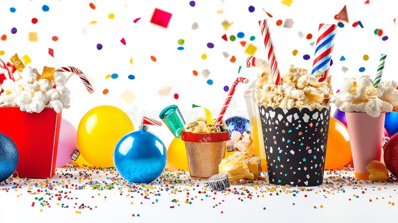 Party Scene with Confetti, Balloons, Popcorn, and Soda on a White ...