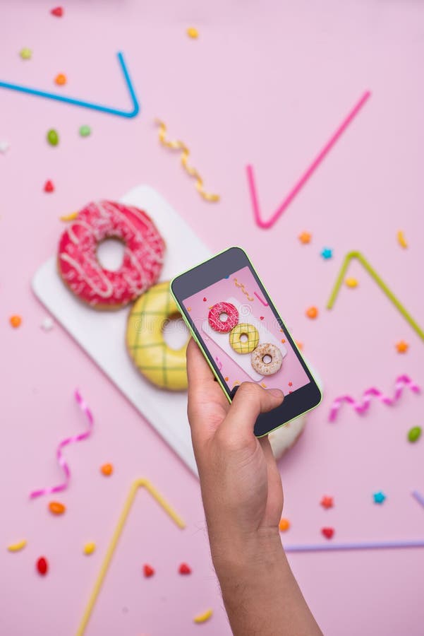 Party. Taking Photo of Different Colourful Sugary Round Glazed D Stock ...