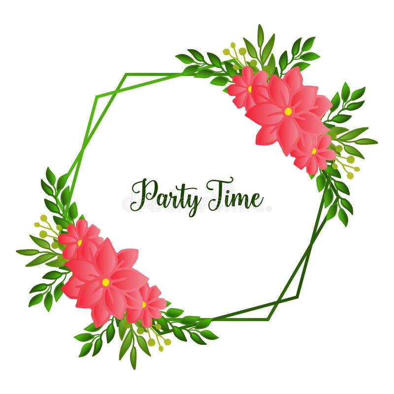 Party Time Card Template, with Cute Green Leafy Floral Frame. Vector ...