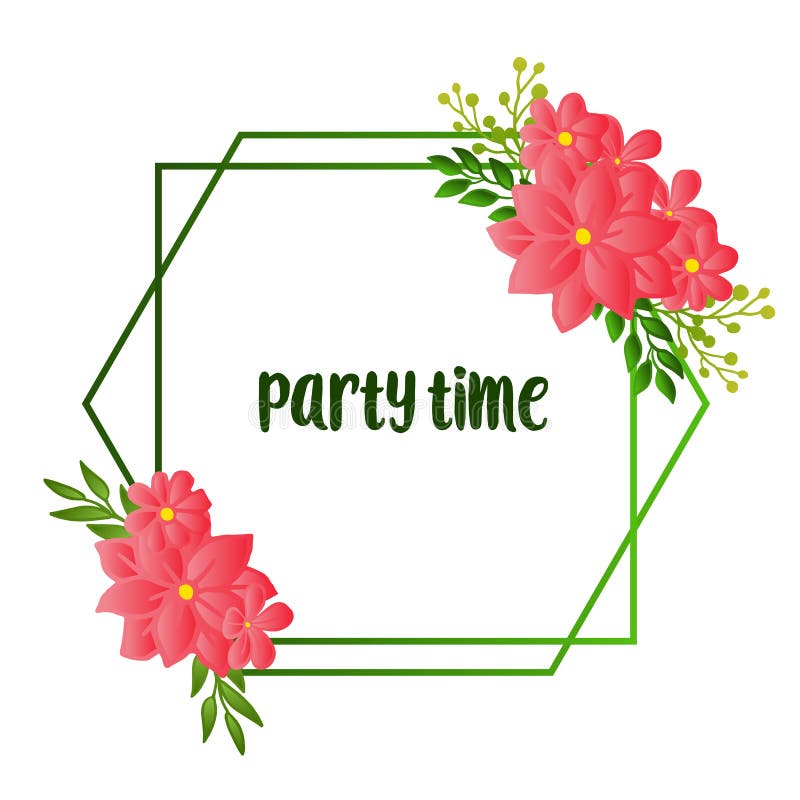Party Time Card Template, with Cute Green Leafy Floral Frame. Vector ...
