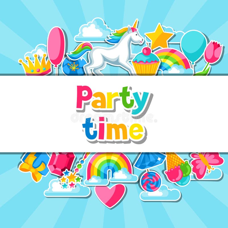 Party Time. Card with Unicorn and Fantasy Items Stock Vector ...