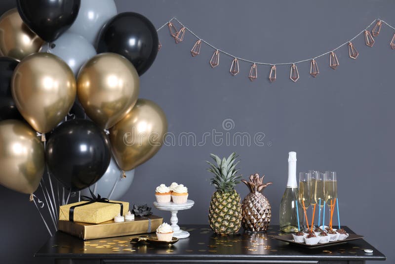Party Treats and Items on Table in Room Stock Photo - Image of alcohol ...