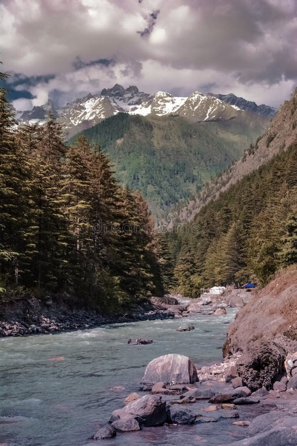 Parvati River Valley Surrounded by Mountains and Deodar Forests in ...