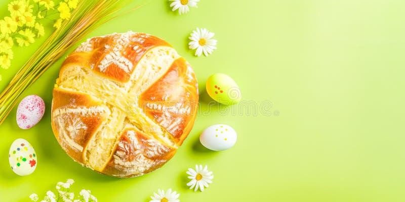 Pascha Bread with Decorative Easter Eggs on Green Background Stock ...