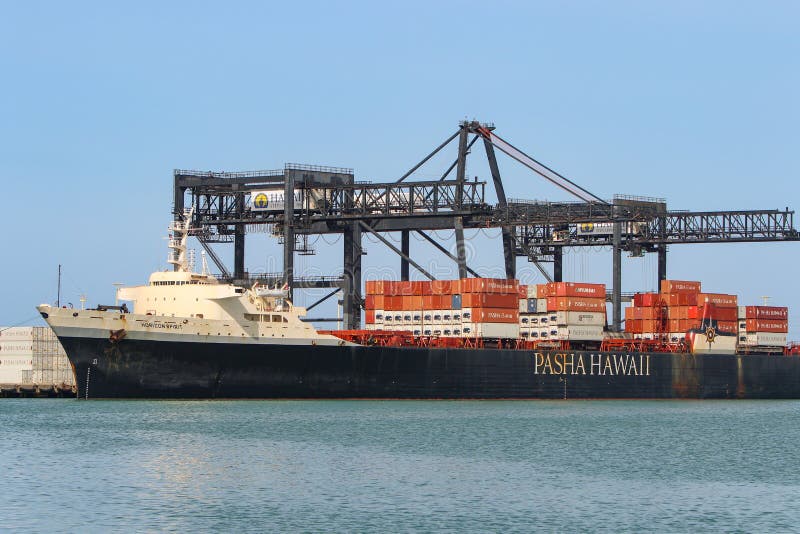 Pasha Offloading Cargo Docking Station in Hawaii with Ships, Clear Sky ...