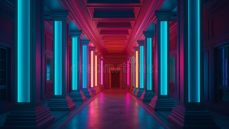 Pasillo Con Columnas En Colores Azul Generativo Ai Stock de ilustración ...
