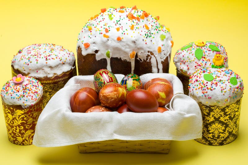 Paska and Easter Eggs on Yellow Background Stock Photo - Image of ...
