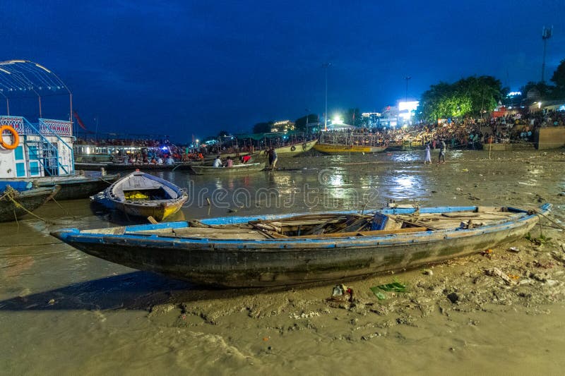 Small Boat in the Mud at the Ganga Mahal Ghat, Varanasi at Night ...