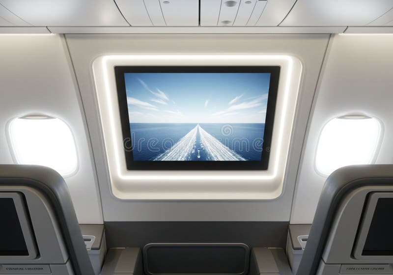 Passenger Aircraft Interior Featuring a Large Screen Displaying a ...