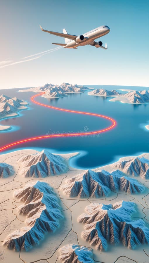 Modern Commercial Airplane Flying Over Mountain Landscape with Digital ...