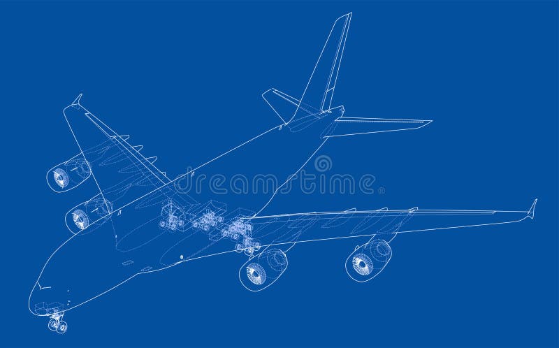 Wireframe of the Passenger Aircraft of the Blue Lines on a Dark ...