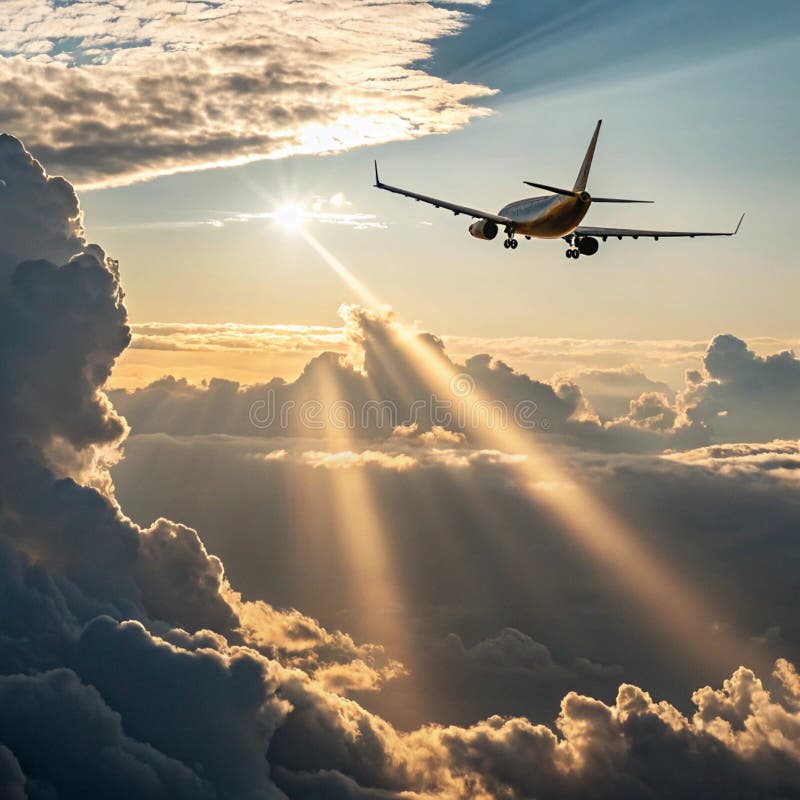 Passenger Airplane in the Clouds and Sunray Stock Illustration ...
