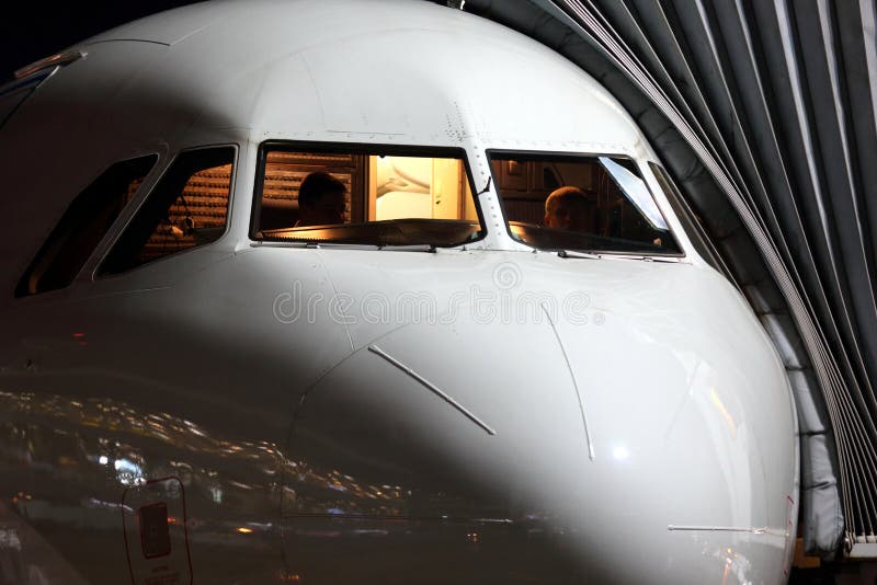 Passenger Airplane Cockpit in Night. Stock Photo - Image of fuselage ...