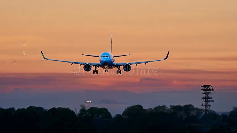 A Passenger Airplane Descending during a Colorful Sunset, with Trees ...