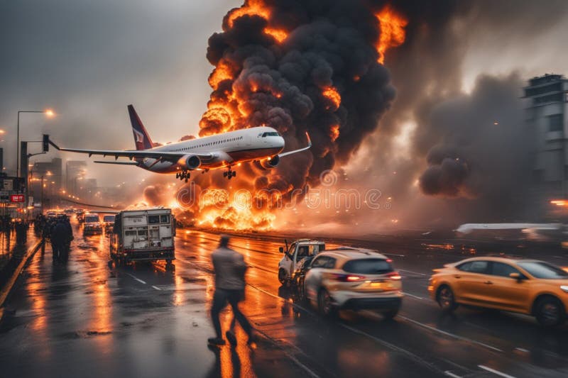 Passenger Airplane Fall, Burn in the Sky, Explosion in the Airport ...
