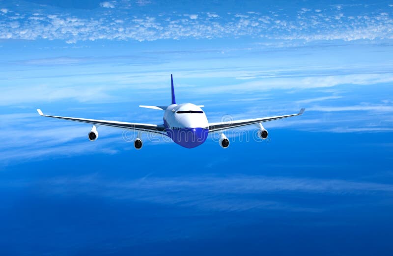 Passenger Airplane Flying Above Clouds Front View , 3D Rendering Stock ...