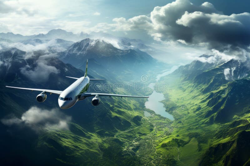 Passenger Airplane Flying Above Sky during Beautiful Mountain Created ...