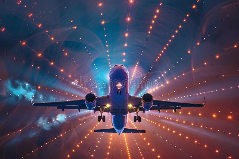 Passenger Airplane Flying through Abstract Network of Connections Stock ...