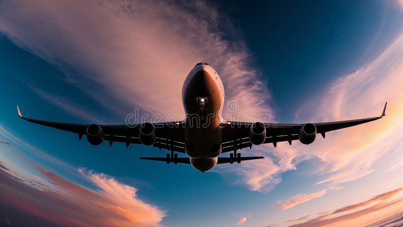 Passenger Airplane Flying in Cloudy Sky at Sunset Stock Illustration ...