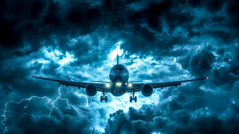 Passenger Airplane Flying through Dramatic Storm Clouds with Lightning ...