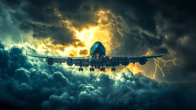 Passenger Airplane Flying through Dramatic Storm Clouds with Lightning ...