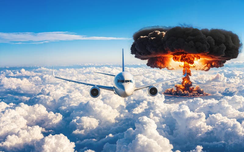 Passenger Airplane Flying Near Nuclear Explosion Mushroom Cloud Stock ...