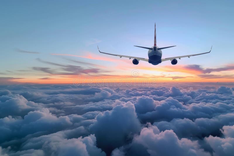 Passenger Airplane in Full Flight Above the Clouds. Stock Image - Image ...