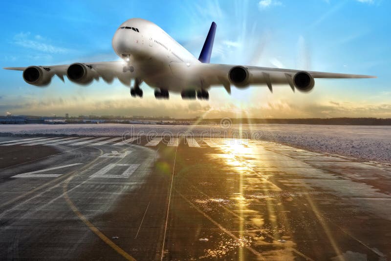 Passenger Airplane Landing on Runway in Airport. Stock Image - Image of ...