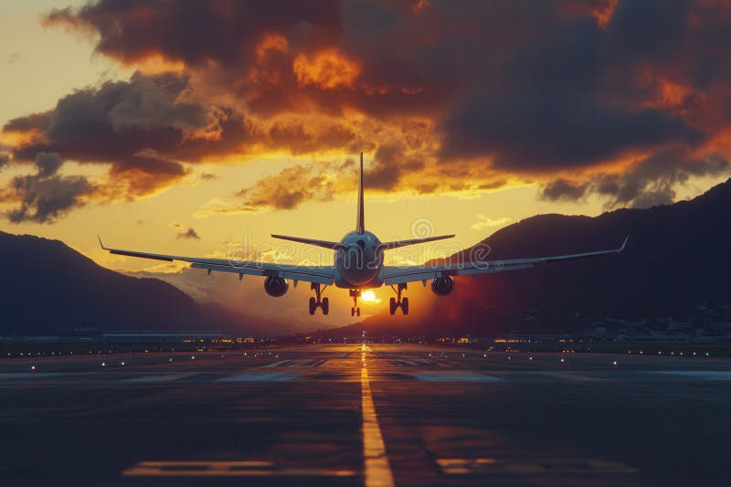 Passenger Airplane Landing on Runway during Sunset Stock Photo - Image ...