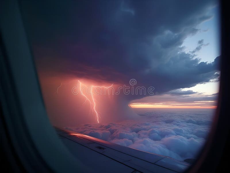 Passenger Airplane Passing Thunderstorm Cloud Front with Lightnings and ...