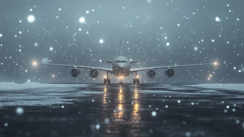 Passenger Airplane on a Snowy Runway during Snowfall Stock Illustration ...