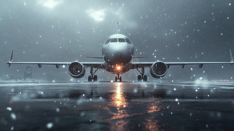 Passenger Airplane on Snowy Runway during a Storm Stock Illustration ...
