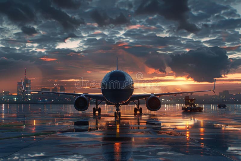Passenger Airplane Standing on Runway at Sunset with Dramatic Sky Stock ...
