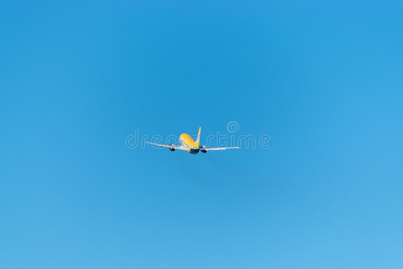 Passenger Airplane Take Off on Blue Sky Background Stock Photo - Image ...