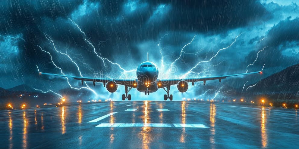 Passenger Airplane Taking Off during a Dramatic Thunderstorm with ...