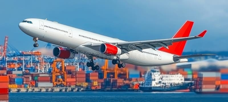 Passenger Airplane Taking Off Over Cargo Seaport with Cranes ...