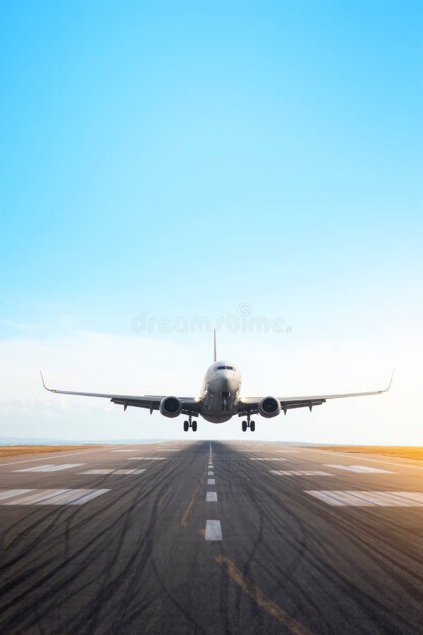 Passenger Airplane Taking Off on the Runway Under Blue Sky Stock ...