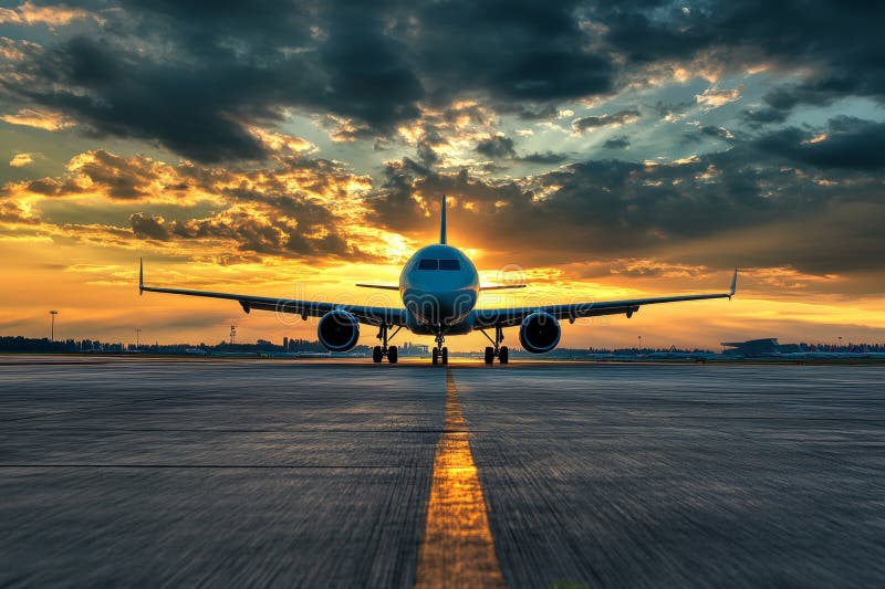 Passenger Airplane Taxiing on Runway at Sunset Stock Photo - Image of ...